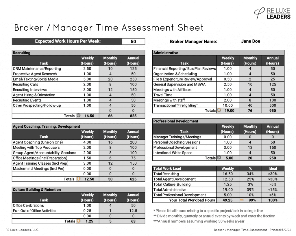 Time Assessment Sheet - Broker/Manager